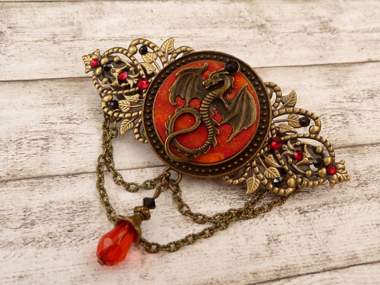 Handmade Dragon Hair Clip with Black and Red Crystals - Dragon Jewelry